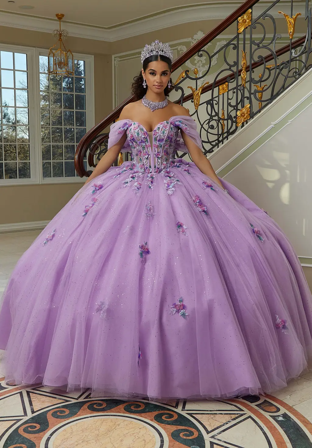Crystal Beaded Three-Dimensional Floral Embroidered Quinceañera Dress ...